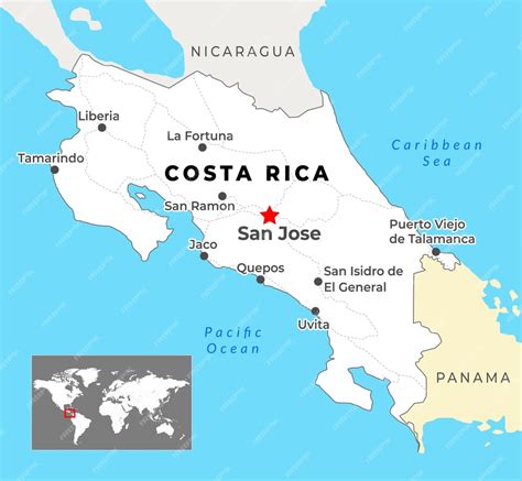 코스타리카 정치 지도 수도 산호세 가장 중요한 도시 및 국경 프리미엄 벡터