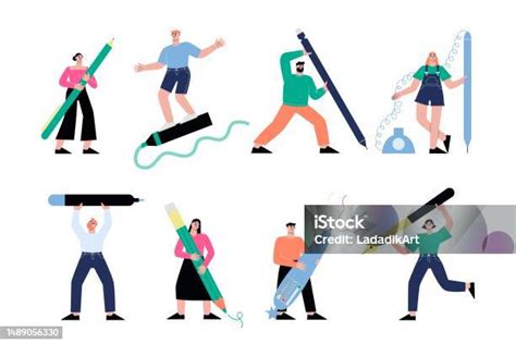 큰 연필펜과 마커를 가진 사람들 거대한 연필과 작은 사람 사무실 비즈니스 문자 쓰기 계획 또는 블로깅 Sapid 벡터 세트