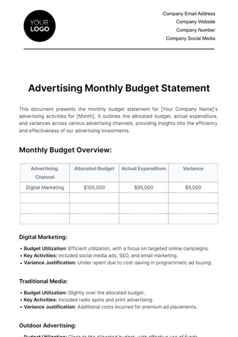 Free Advertising Monthly Budget Statement Template To Edit Online
