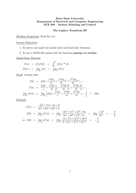 The Laplace Transforms Iii Reading Assignment Ece 360 Docsity