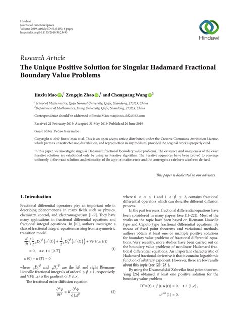 Pdf The Unique Positive Solution For Singular Hadamard Fractional Boundary Value Problems