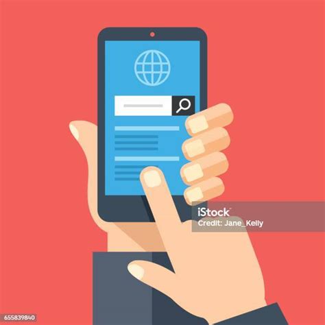 웹 브라우저와 검색 바와 함께 스마트폰 화면에 들고 손 손가락 접촉 스크린 모바일 인터넷 사용 인터넷 개념에 대 한 검색 평면 디자인 벡터 일러스트 레이 션 휴대전화에 대한