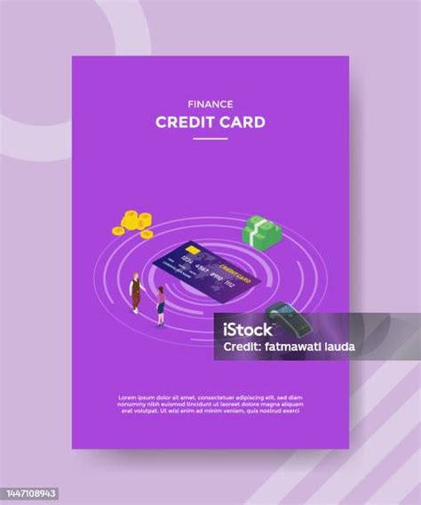금융 신용 카드 사람들은 템플릿 전단지와 인쇄 배너 표지 아이소메트릭 3d 평면 스타일에 대 한 신용 카드 돈 Nfc 동전 주위에 서 있습니다 3차원 형태에 대한 스톡 벡터