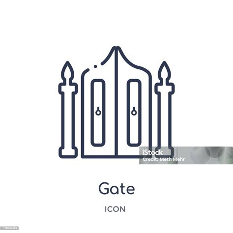 도시 요소 개요 컬렉션에서 선형 게이트 아이콘입니다 얇은 라인 게이트 벡터 흰색 배경에 고립입니다 게이트 유행 그림 강철에 대한