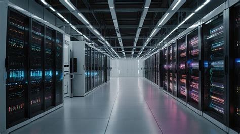 Rows Of Glowing Servers In A Large Modern Data Center With A White