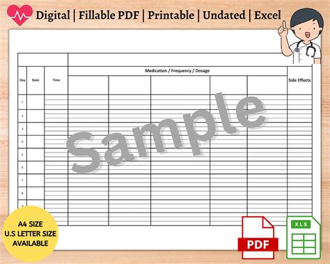 Excel Medication Tracker Medication Lists Printable Fillable PDF Spreadsheet Template