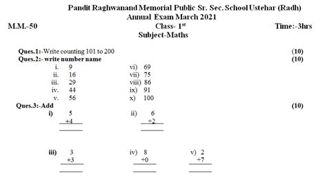 1st Class Homework Pt Raghwanand Memorial Public Sr Sec School