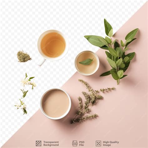 차 컵 차 ⁇ 과 녹차 잎을 가진 허브 차 컨셉 탑 뷰 플래트 레이 프리미엄 Psd 파일