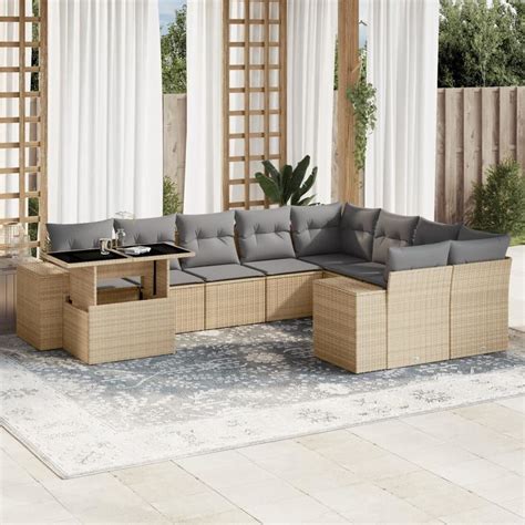 10 Piece Garden Sofa Set With Cushions Beige Poly Rattan Vidaxl Big W