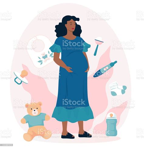 임신 한 아름 다운 여자입니다 임신 개념입니다 출산 배경 포스터 딸랑이 병 배경에 테디 베어 평면 벡터 그림입니다 가족에 대한 스톡 벡터 아트 및 기타 이미지 Istock