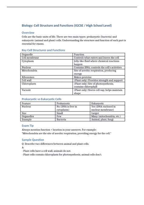 Igcse Biology Cell Structure And Functions Study Notes Biology Stuvia