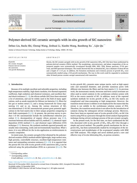 Pdf Polymer Derived Sic Ceramic Aerogels With In Situ Growth Of Sic Nanowires