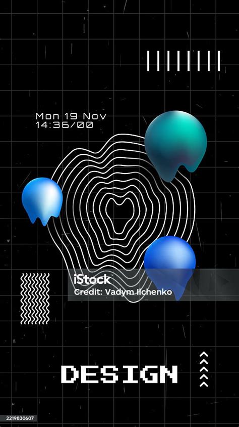 벡터 일러스트 레이 션 뒤틀린 윤곽선 모양으로 설정된 복고풍 미래 스타일의 배경 수직 배경 전단지 바우처 전단지 쿠폰에 대한 디자인 요소 컬러 3d 구를 사용한 Y2k 개념