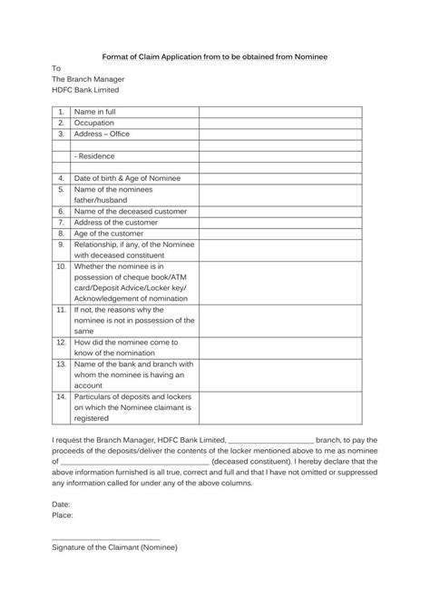 Hdfc Bank Format Of Claim Applicaton Form From To Be Obtained From Nominee In Pdf Download