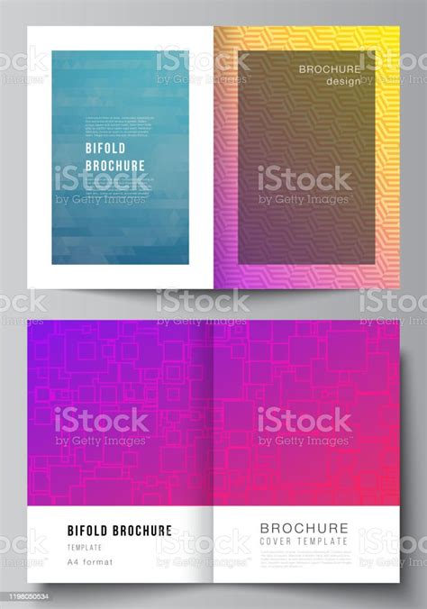 두 개의 A4 형식의 벡터 레이아웃 현대 커버 모형 디자인 템플릿 양면 브로셔 잡지 전단지 소책자 연례 보고서 화려한 그라데이션 비즈니스 배경과 추상 기하학적 패턴 2단