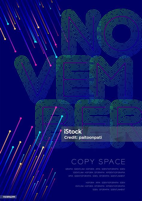 11 월 달 큰 텍스트 점과 대시 선 패턴 레이어 오버레이 포스터 배너 또는 전단지 템플릿 레이아웃 디자인 그림 복사 공간 벡터 Eps10와 파란색 배경에 고립 0명에 대한