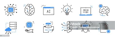 인공 인공 지능 두뇌 아이콘입니다 인공 지능 기계 디지털 로봇 손으로 그린 낙서 라인 아이콘입니다 인공 뇌 알고리즘 기계 과학 개념 손으로 그린 스케치 스타일 귀여운 파란색