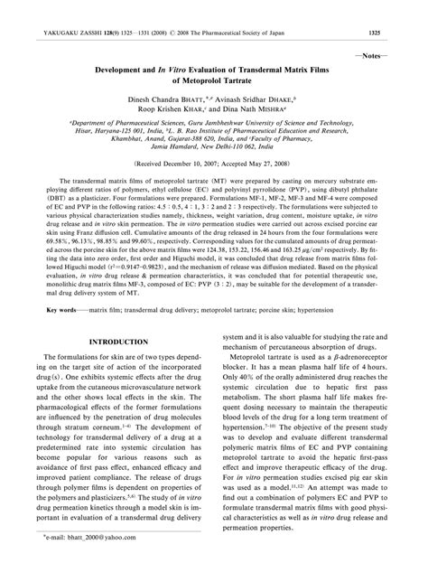 Pdf Development And In Vitro Evaluation Of Transdermal Matrix Films Of Metoprolol Tartrate