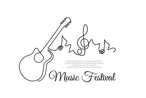뮤직 페스티벌 클래식 어쿠스틱 기타와 음표의 연속적인 한 선 그리기 선화 1개 선 그림 미니멀리스트 프린트 흑인과 백인 음표에 대한 스톡 벡터 아트 및 기타 이미지 Istock