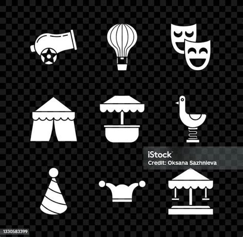 세트 캐논 열기구 코미디 연극 마스크 파티 모자 종소리와 함께 제스터 어트랙션 회전 목마 서커스 텐트와 아이콘 벡터