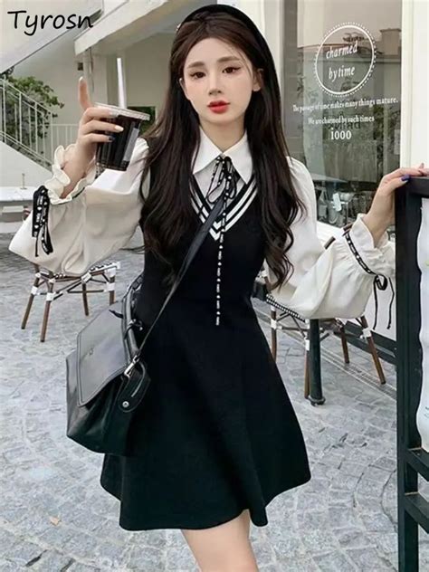 여성용 가짜 2 피스 드레스 프레피 스타일 디자인 달콤한 패치워크 데일리 숙녀 봄 캐주얼 얼짱 학생 미니 드레스 시크