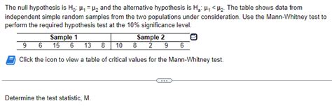 Solved The Null Hypothesis Is H0 μ1 μ2 And The Alternative