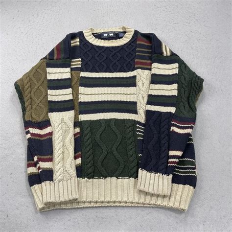 Vintage Grandpa Sweater Mens Large Patchwork 100 Cotton Cable Knit