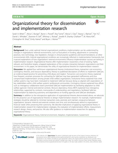 Pdf Organizational Theory For Dissemination And Implementation Research