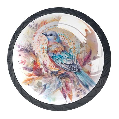 4 Pack Black Drawer Knobs Watercolor Bird Leaves Cabinet Knobs Round Glass Knobs For Kitchen