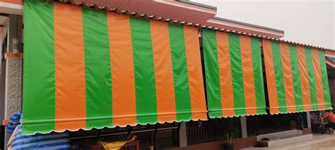 ผ้าใบกันสาดบังแดดบังฝน Pvc ใยแก้วกึ่งสำเร็จสำหรับคุณลูกค้าติดตั้งเองสีส้มสลับสีเขียวอ่อน🚛จัดส่ง