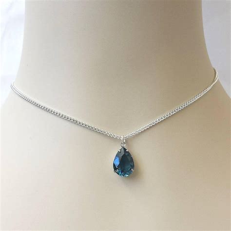 Delicate Dark Sapphire Choker Crystal Drop Necklace Dainty Choker