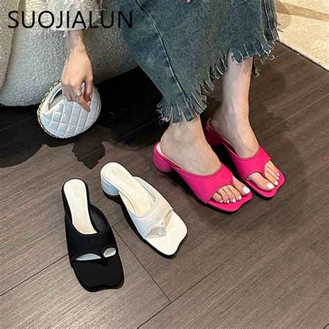 Suojialun 여성용 슬리퍼 얕은 슬립온 여성용 플립 플롭 로우 힐 여름 야외 휴가 샌들 신발 2023 새로운