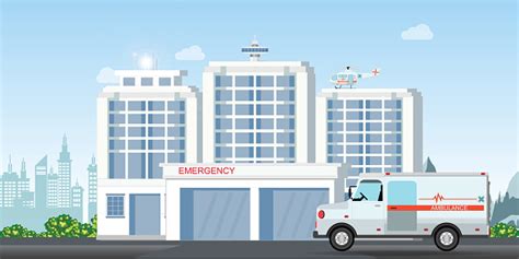 อาคารโรงพยาบาลที่ทันสมัยพร้อมรถพยาบาลและเฮลิคอปเตอร์ฉุกเฉินทางการแพทย์ภายนอกคลินิกการ ภาพประกอบ