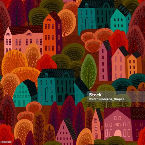 가을 도시와 벡터 원활한 패턴입니다 다양한 표면에 대한 배경입니다 가을에 대한 스톡 벡터 아트 및 기타 이미지 가을 거리 건물 외관 Istock