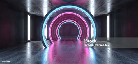 미래 네온 조명 공상 과학 소설 빛나는 보라색 파란색 가상 활기찬 지하 차고 터널 터널 복도 그런지 콘크리트 반사 어두운 빈 원 모양 3d 렌더링 문에 대한 스톡 사진 및