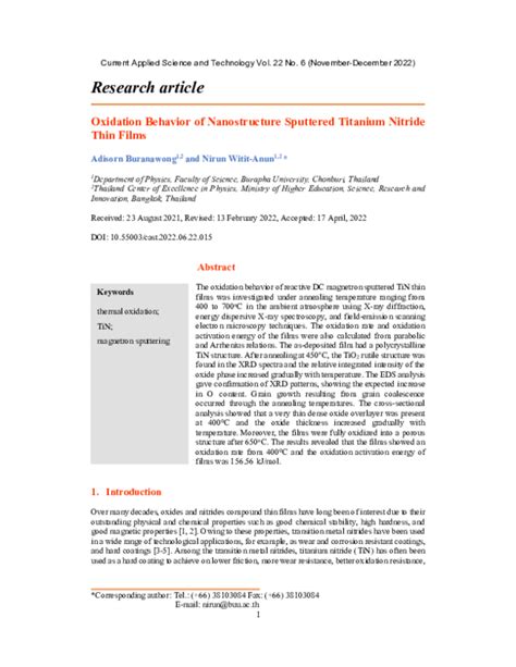 Pdf Oxidation Behavior Of Nanostructure Sputtered Titanium Nitride Thin Films