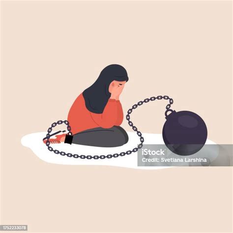 자기 깃털 무거운 레킹볼을 가진 슬픈 아라비아 여자는 죄책감을 느낀다 심리적 자해 비판 판단의 개념 정신적 문제 평면 만화 스타일의 벡터 그림 자기 채찍질에 대한 스톡 벡터