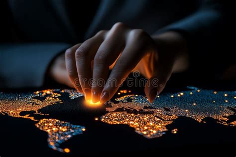 Hand Touching Illuminated World Map Highlighting Connectivity And Technology In Global
