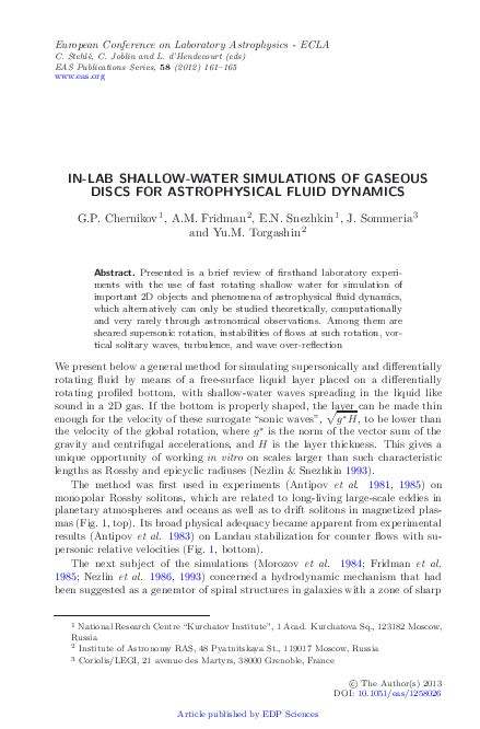 Pdf In Lab Shallow Water Simulations Of Gaseous Discs For Astrophysical Fluid Dynamics Joel