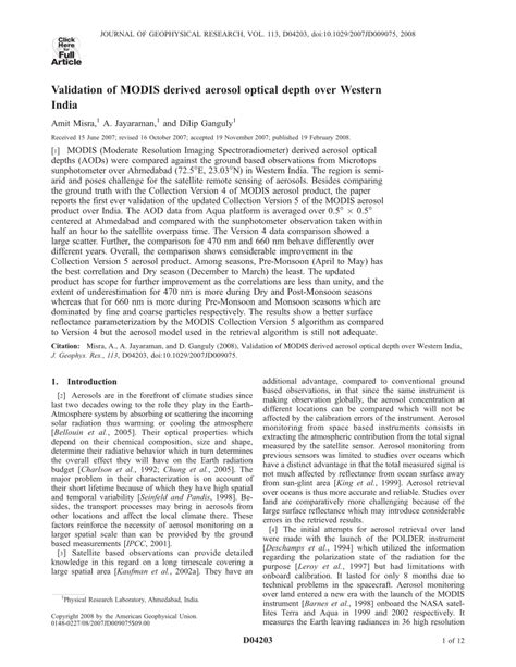 Pdf Validation Of Modis Derived Aerosol Optical Depth Over Western India