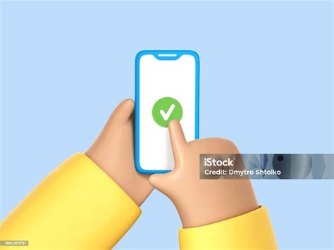 녹색 체크 표시가 있는 스마트폰을 들고 있는 3d 만화 손 스마트폰 화면의 체크 표시 파란색 배경에 고립된 손가락 터치 화면입니다 벡터 3d 일러스트 레이 션 3차원 형태에
