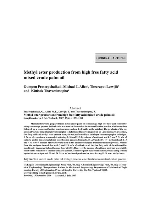 Pdf Methyl Ester Production From High Free Fatty Acid Mixed Crude