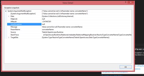 Telerik Data Access Argument Null Exception Convertername Stack Overflow