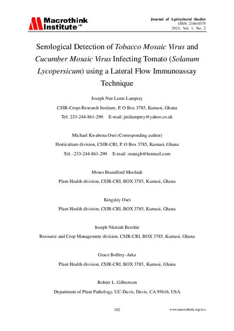 Pdf Serological Detection Of Tobacco Mosaic Virus And Cucumber Mosaic Virus Infecting Tomato