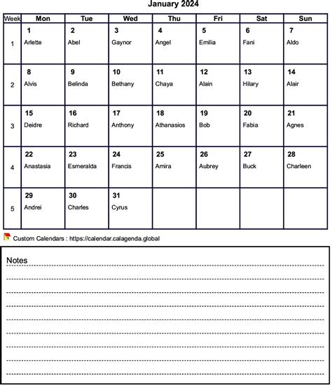 Calendar Monthly 2024 With Notes And Week Numbers