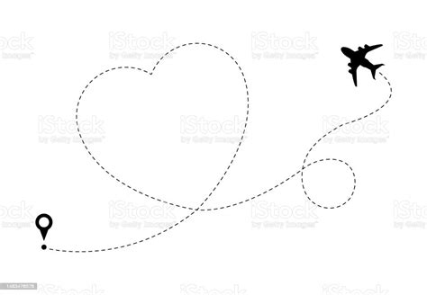 비행기 노선 비행기 비행 하트 모양을 좋아합니다 결혼식 상징 점으로부터의 이동 경로 점선과 목적지 핀 낭만적 인 여행 괜찮은 벡터 그래픽 개념에 대한 스톡 벡터 아트 및
