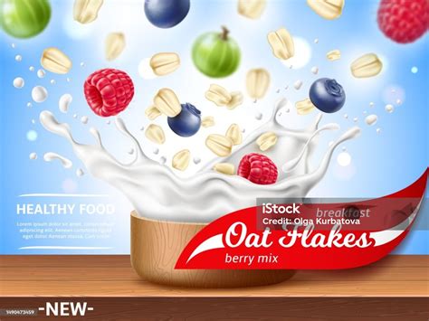 현실적인 오트밀 플레이크 포스터 우유 스플래쉬 라즈베리와 블루베리 구스베리와 뮤즐리 제품 광고 배너의 곡물과 열매 아침 식사 건강 메뉴 Utter 벡터 개념 3차원 형태에