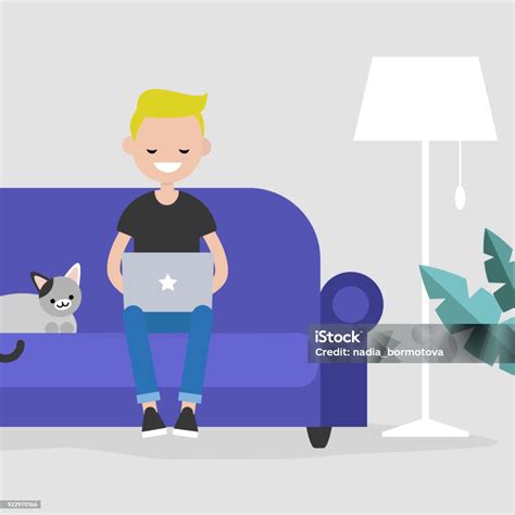 원격 사무실입니다 집에서 작업 젊은 천년 프리랜서 현대적인 라이프 스타일 플랫 편집 가능한 벡터 일러스트 레이 션 클립 아트 가정 생활에 대한 스톡 벡터 아트 및 기타