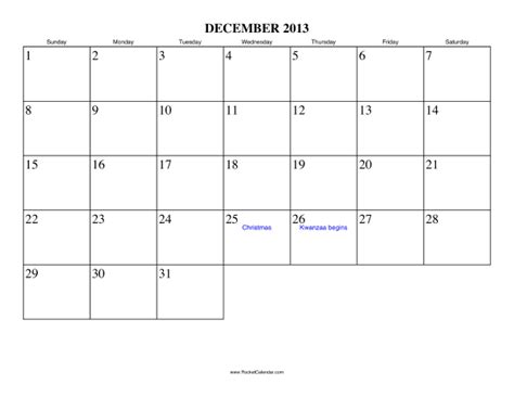 December 2013 Calendar Printable With Holidays