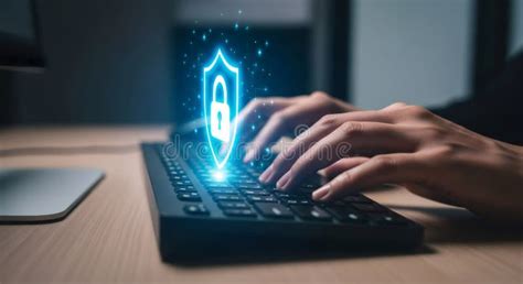 Cybersecurity Hands Typing On Keyboard With Glowing Shield And Lock Icon Digital Security